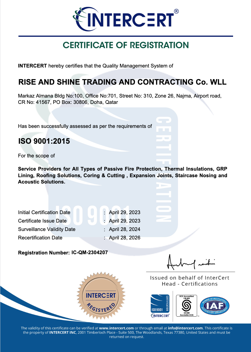 ISO Certificates - Firestop Contractors in Qatar | Rise And Shine Group ...