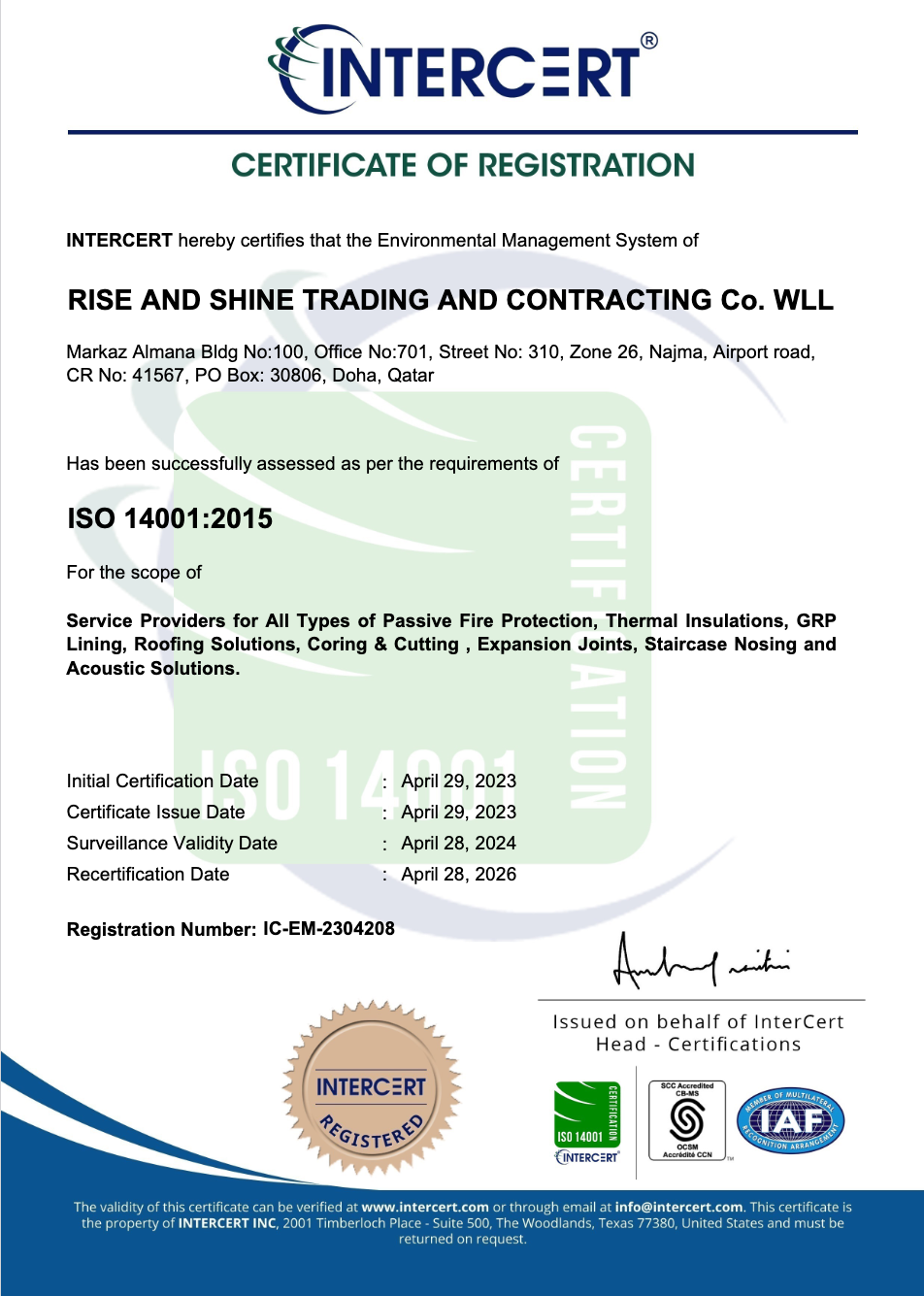 ISO Certificates - Firestop Contractors in Qatar | Rise And Shine Group ...